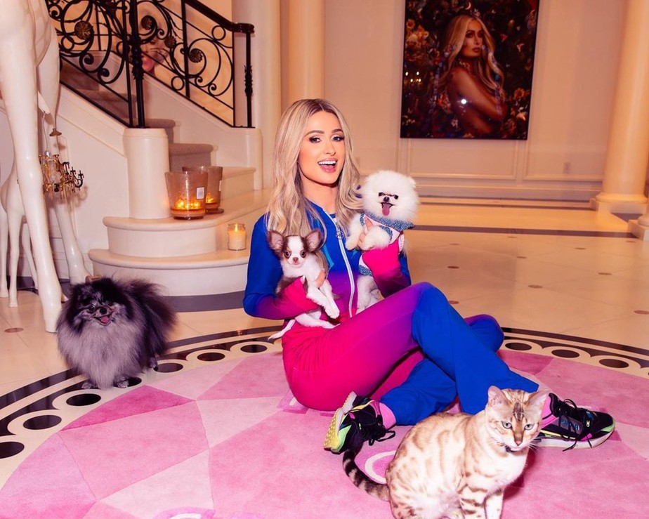 Paris Hilton exibe decoração da sua mansão com tapete rosa na sala ...